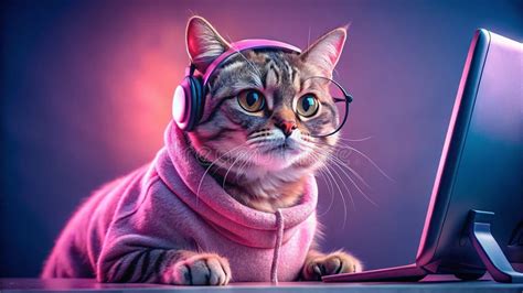 Adorable Kitten Hacker Codes In Pink Office A Purrfectly Pixelated