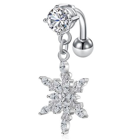 Cz Snowflake Dangled Reverse Belly Button Ring 14g Surgical Steel Top