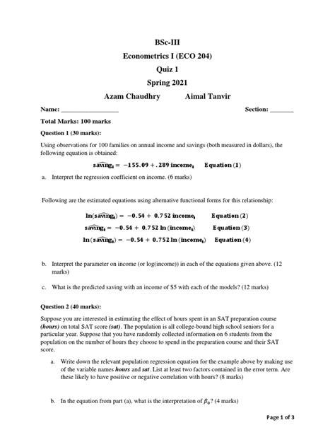 Quiz 1 Econ Pdf Coefficient Of Determination Regression Analysis