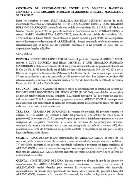 Contrato De Arrendamiento Entre Zuly Marcela Bastidas Meneses Y Luis Edgardo Burbano Marroquin E