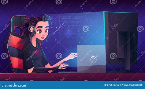 Female Programmer Working On Computer At Night Stock Illustration