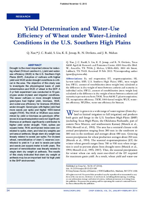 Pdf Yield Determination And Water Use Efficiency Of Wheat Under Water Limited Conditions In