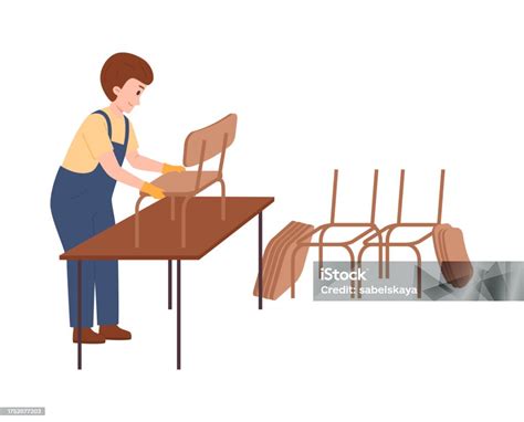 파란 작업복을 입은 젊은 남자가 의자를 플랫 스타일로 만든다 가구에 대한 스톡 벡터 아트 및 기타 이미지 가구 공예 기술