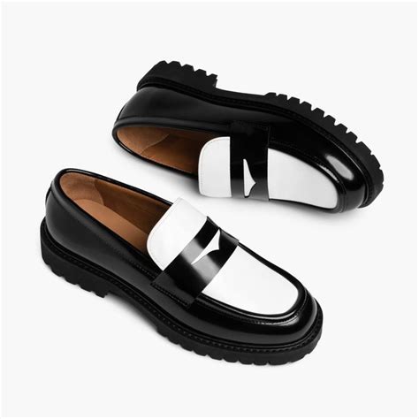 Womens Penny Lug Sole Loafer In Black And White Leather Thursday