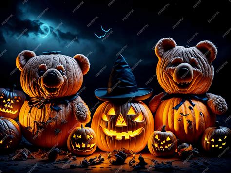 Premium Ai Image Horror Teddy Bear With Halloween Pumpkins On Dark