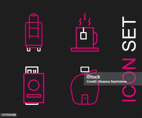 세트 라인 매점 물병 티켓이 있는 여권 티백 한잔 여행 가방 아이콘 벡터 가방에 대한 스톡 벡터 아트 및 기타 이미지 가방