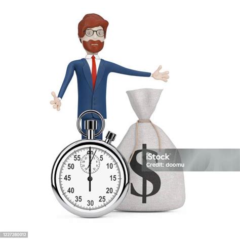 빠른 대출 개념 스톱워치 근처 만화 캐릭터 사업가와 달러 기호와 소박한 캔버스 린넨 돈 자루 또는 돈 가방을 묶어 3d 렌더링 가방에 대한 스톡 사진 및 기타 이미지