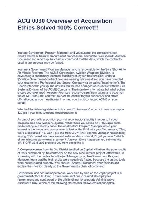 Acq 0030 Overview Of Acquisition Ethics Solved 100 Correct