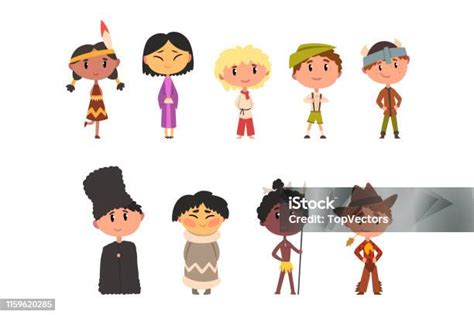 เด็กในชุดประจําชาติ เด็กชายและเด็กหญิงตัวการ์ตูนในชุดพื้นเมืองของชาว