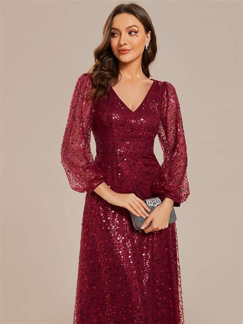 V Neck Lantern Long Sleeve Sequin A Line Evening Dress Evening