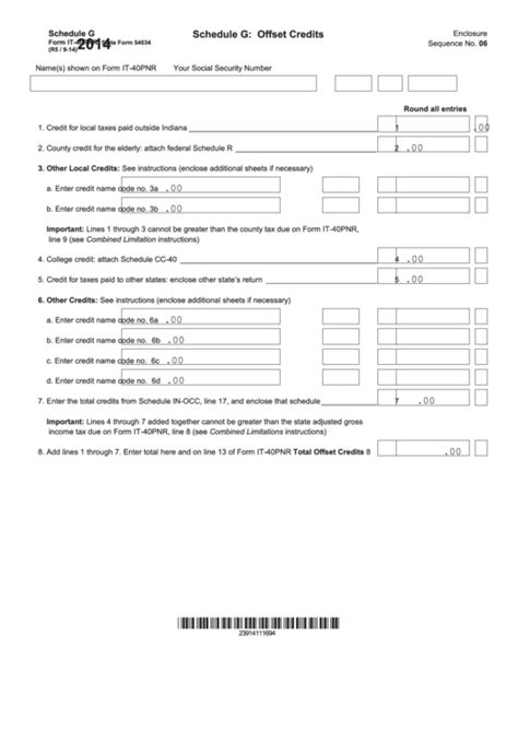 Fillable Schedule G Form It 40pnr Offset Credits 2014 Printable