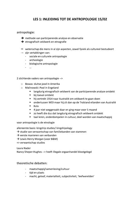 Les 1 Io Lesnotities Van Les 1 LES 1 INLEIDING TOT DE ANTROPOLOGIE