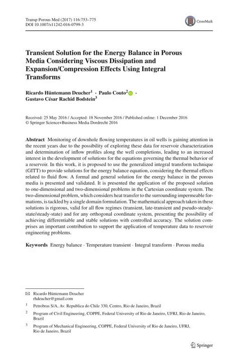 Pdf Transient Solution For The Energy Balance In Porous Media