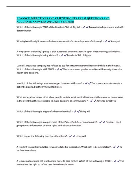 Advance Directives And Client Rights Exam Questions And Correct Answers With 100 Correct