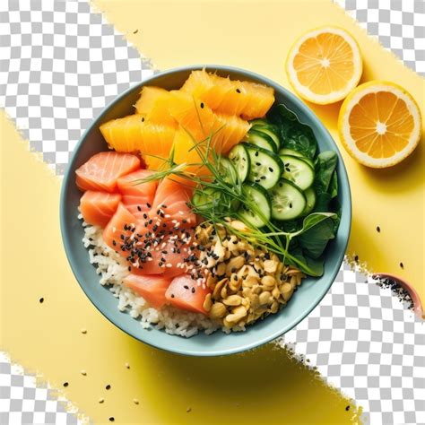 Poke Bol Avec Riz Saumon Concombre Mangue Oignon Salade Wakame Graines