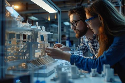 engineers collaborating on wave energy converter model in advanced research lab premium ai