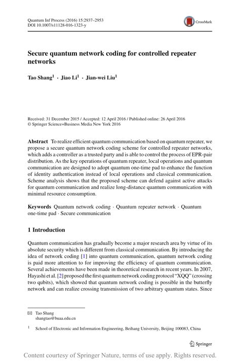 Secure quantum network coding for controlled repeater networks | Request PDF