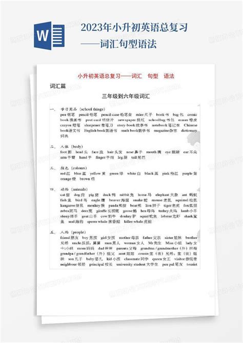 2023年小升初英语总复习――词汇句型语法word模板下载 编号lbnwyryr 熊猫办公