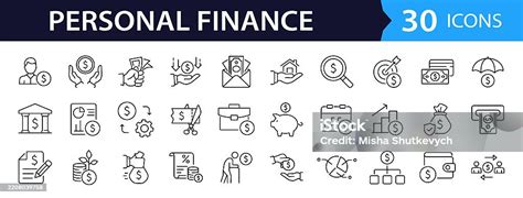 개인 금융 웹 아이콘 세트 라인 스타일 대출 재무 관리 예산 저축 수입 모기지를 포함한 재무 개념을 나타내는 선형 아이콘 모음입니다 편집 가능한 스트로크 가격에 대한 스톡