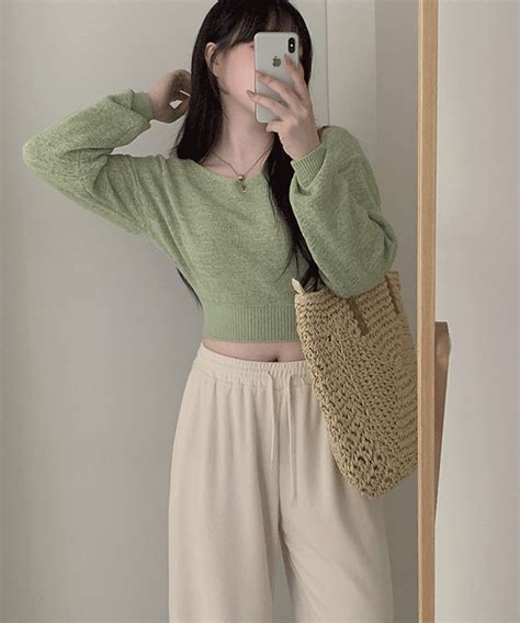 하비언니 12110 데일리 브이넥 크롭 썸머 긴팔 니트t 7color
