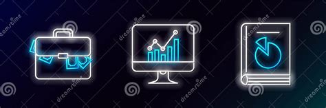 Set Line User Manual Briefcase And Money And Computer Monitor With Graph Chart Icon Glowing
