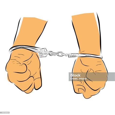간단한 벡터 손 그리기 스케치 플랫 컬러 체포에 대한 Ilustration 수갑을 가진 사람 개념에 대한 스톡 벡터 아트 및