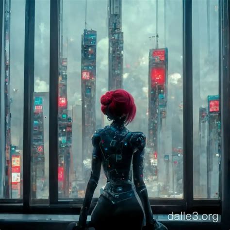 Cybernetic Android Female Gazing Over Rainy Cyberpunk Cityscape Dalle3 Ai