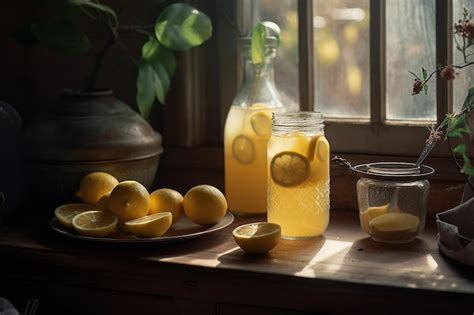 Premium AI Image A Glass Of Lemonade Sits On A Table Next To A Jar Of