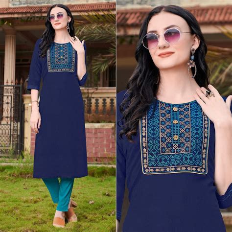 Blue Casual Wear Embroidered Cotton Kurti Beautiful Embroidery Kurti