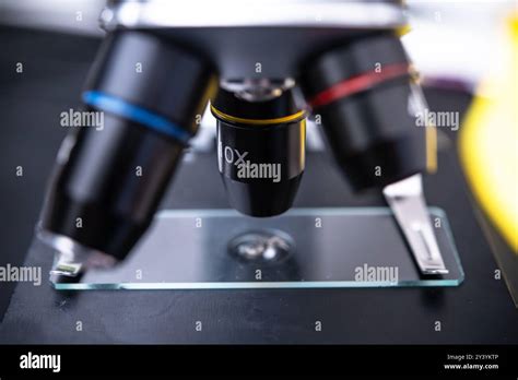 A High Magnification Microscope Lens Positioned Over A Prepared Glass Slide Showcasing The