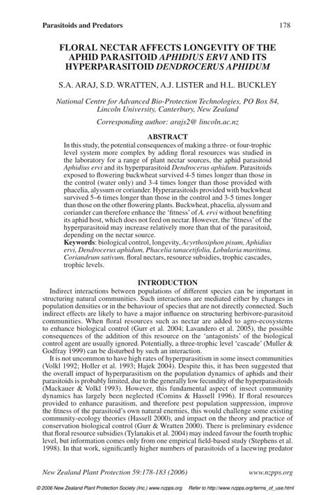 Pdf Floral Nectar Affects Longevity Of The Aphid Parasitoid Aphidius