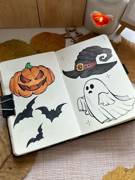Хэллуин арт идея рисунок приведенье тыква летучие мыши шляпа ведьмы