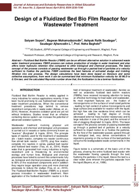 Pdf Design Of A Fluidized Bed Bio Film Reactor For Wastewater Treatment