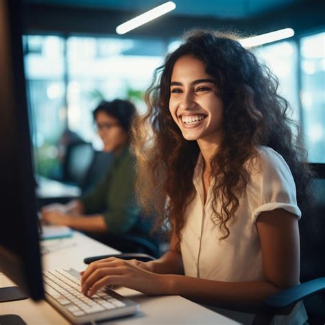 A Woman Is Smiling While Using A Computer With A Large Smile Premium