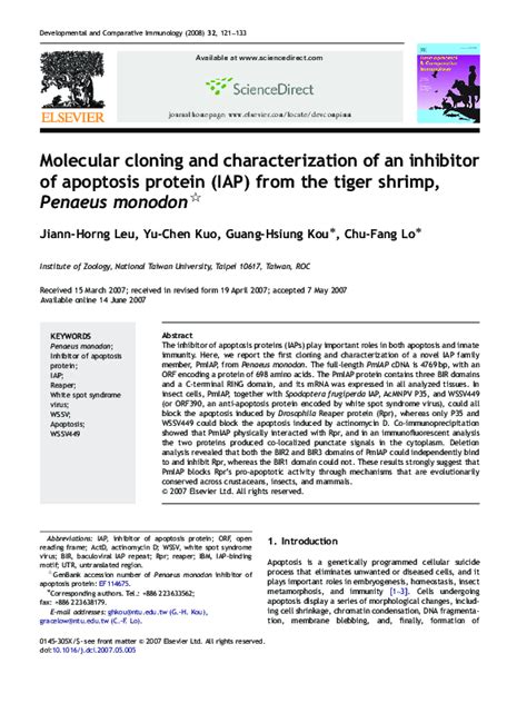 Pdf Molecular Cloning And Characterization Of An Inhibitor Of Apoptosis Protein Iap From The
