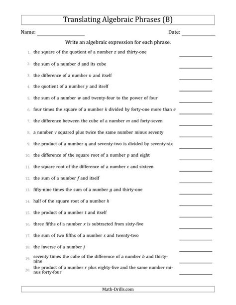 The Translating Algebraic Phrases Complex Version B Math Worksheet