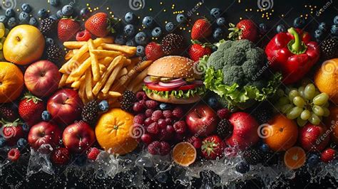 A Vibrant Spread Of Fresh Fruits Vegetables A Burger And Fries
