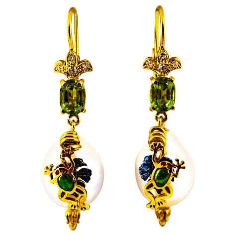 Enamel 24 And 22 Karat Yellow Gold Peridot Earrings For Sale At 1stdibs