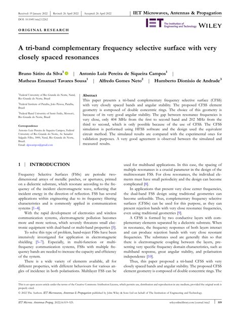 Pdf A Tri‐band Complementary Frequency Selective Surface With Very Closely Spaced Resonances