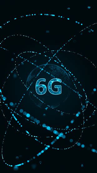 입자 링 원 회전이 있는 파란색 디지털 6g 문자와 미래 지향적인 추상적인 배경 연결 수직에 있는 Ai 기술 아이콘이 있는 지구