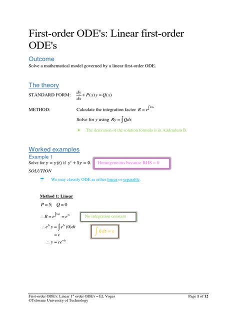 Linear First Order Odes Pdf Electrical Network Ordinary
