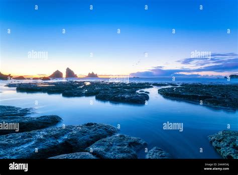 New Zealand South Island Rocky Sea Coast At Dusk With Motukiekie