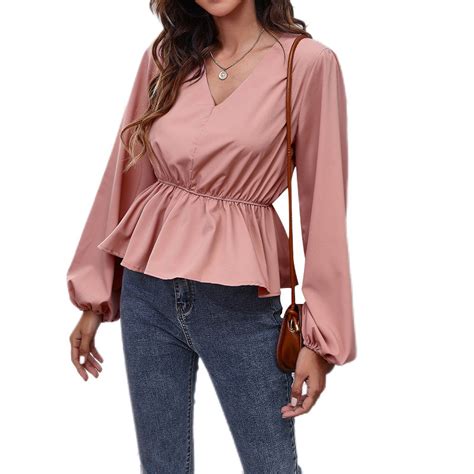 Spring Solid Color Lantern Sleeve Chiffon Blouse New Style V Neck Long