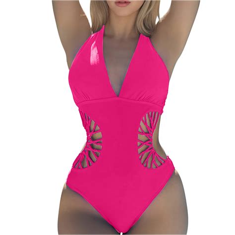 Deholifer Womens Swimsuit Sexy Deep V Neck Hollow Out Solid Color