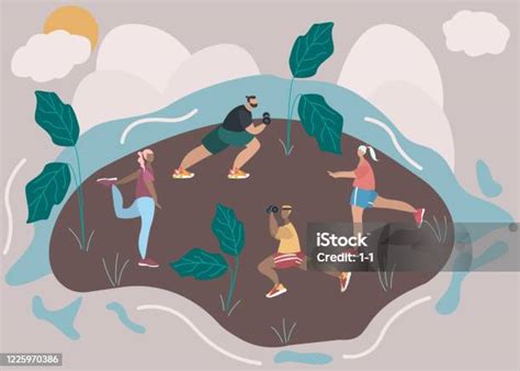 주말 도시 공원 야외 활동의 평면 디자인 벡터 일러스트 운동을 하는 운동 사람들의 젊은 스포츠 그룹 몸 긍정적 인 남자와 여자