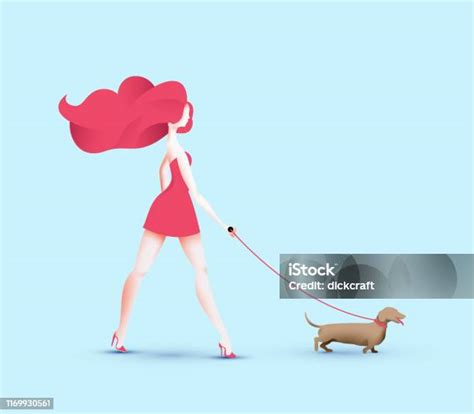 소시지 개와 함께 걷는 예쁜 빨간 머리 소녀입니다 만화 스타일 벡터 일러스트레이션입니다 닥스훈트에 대한 스톡 벡터 아트 및 기타