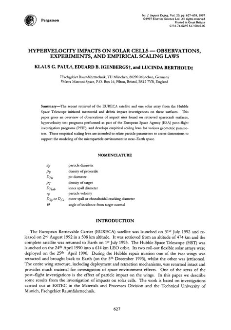 Pdf Hypervelocity Impacts On Solar Cells Observations Experiments