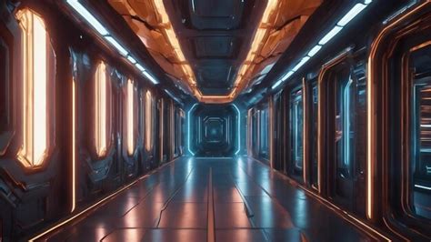 Premium AI Image Illuminated Hallway Of Futuristic Spaceship 3d Render