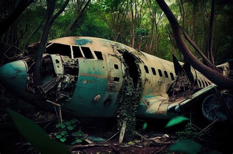 Naufrágio de avião cercado por selva densa trepadeiras subindo pelos destroços Foto Premium