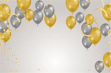 풍선 회색과 노란색 배경 화려한 풍선 생일 파티 장식을 날리기 기념일 축하 카드 재미있는 카니발 휴일 기쁨 놀라움 개체 그룹에